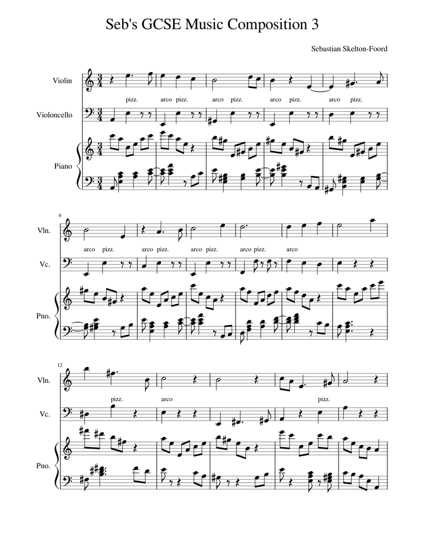 Seb's GCSE Music Composition (12) Sheet music for Piano, Violin, Cello ...