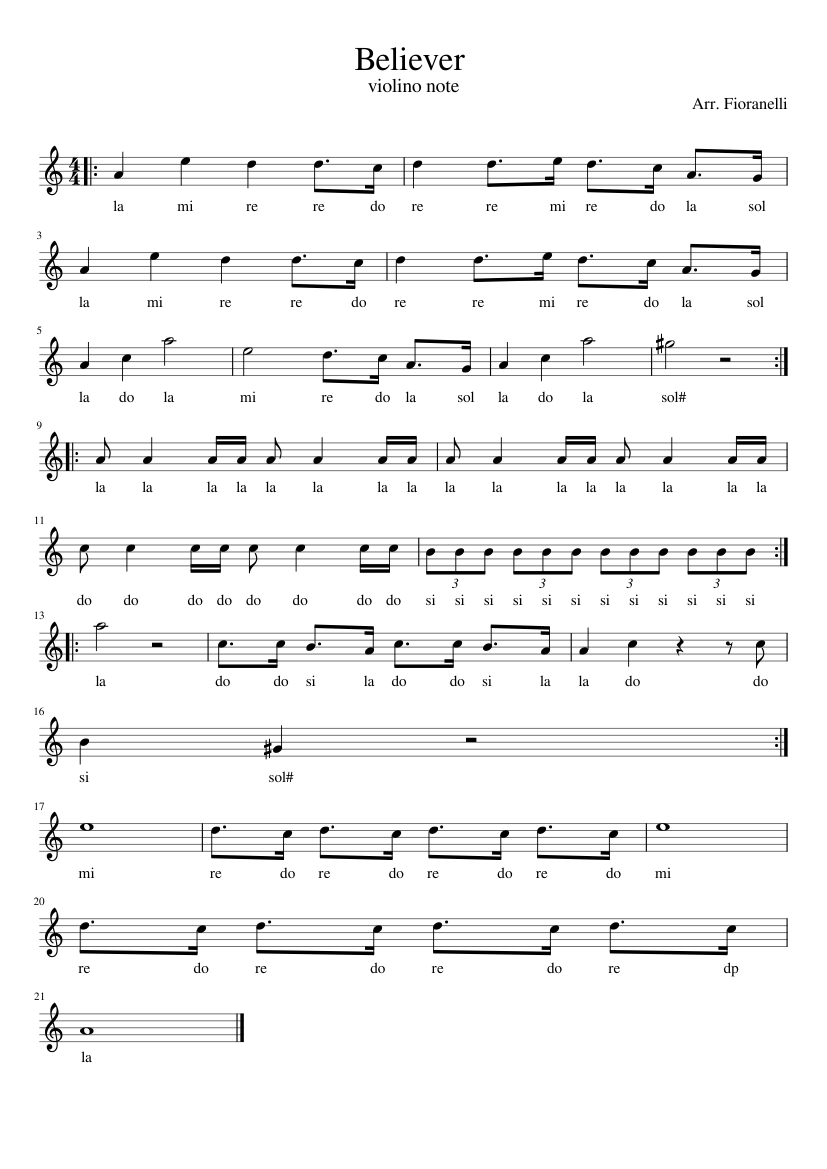 Believer violino note - piano tutorial