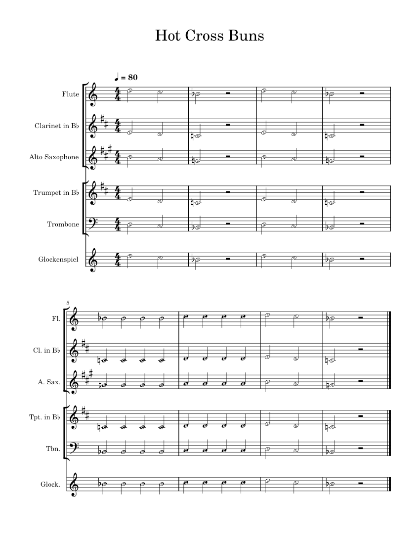 Hot Cross Buns Sheet Music for Trombone, Flute, Saxophone alto ...