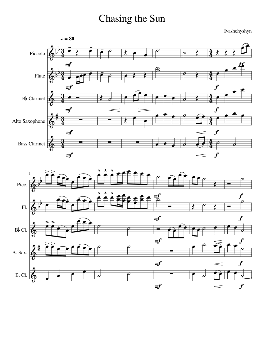 Chasing the Sun (Final) Sheet music for Flute piccolo, Flute, Clarinet ...