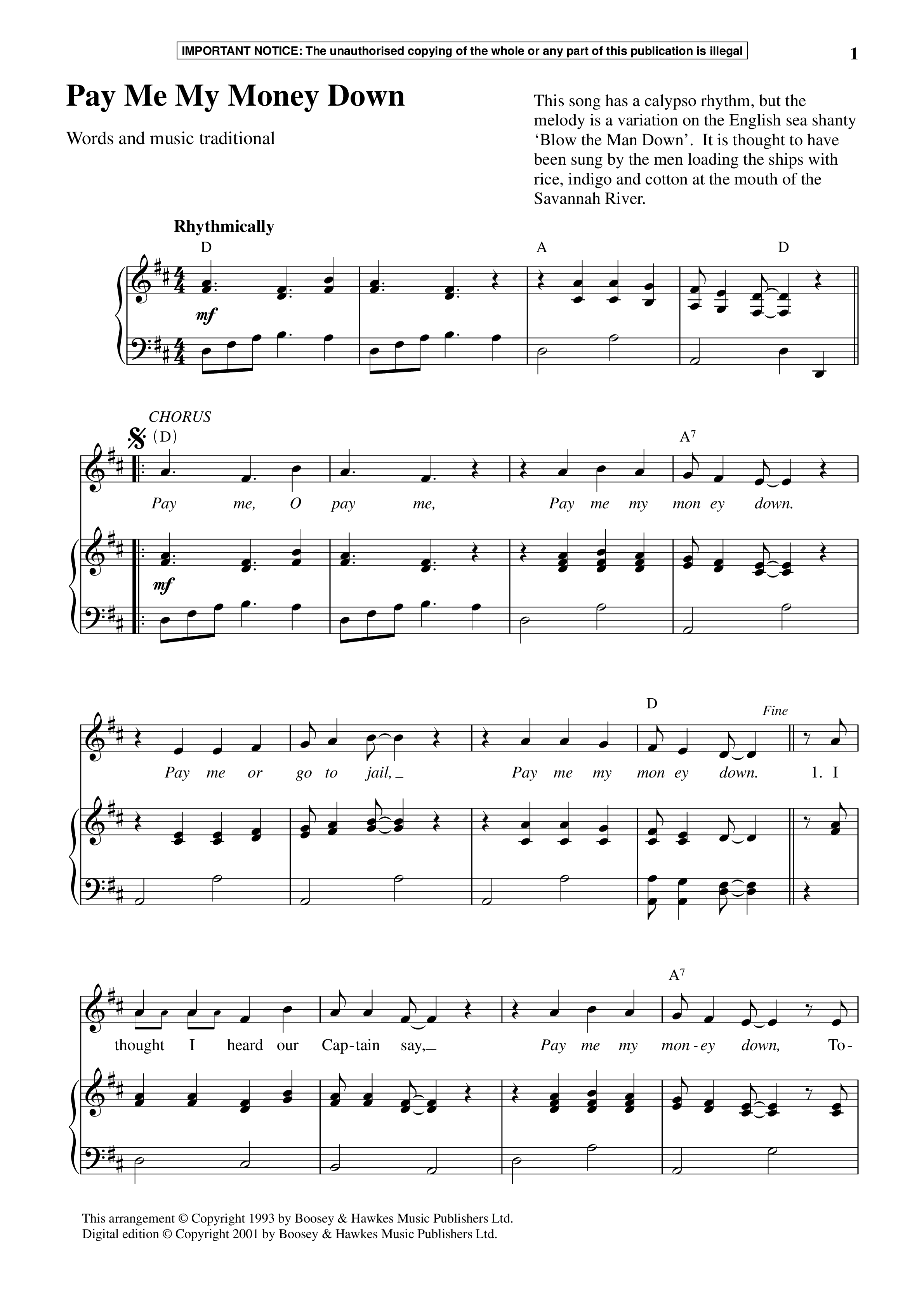 Pay Me My Money Down Sheet music for Piano, Vocals by Misc Traditional ...