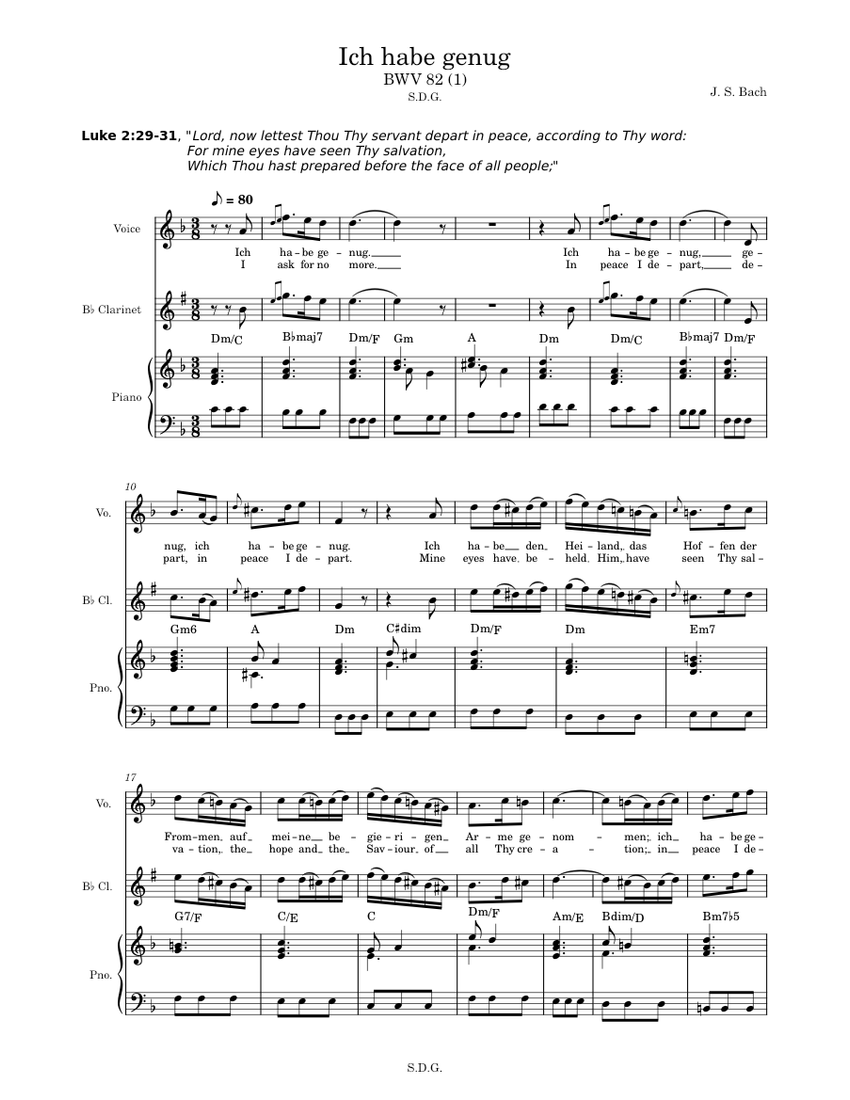 Ich habe genug - BWV 82 Sheet music for Piano, Vocals, Clarinet in b ...