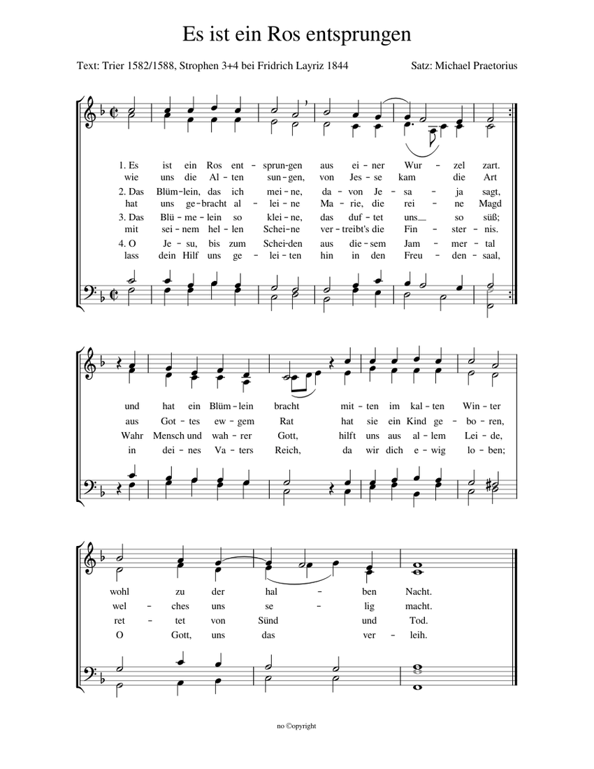 Es ist ein Ros entsprungen - Michael Praetorius Sheet music for Female ...