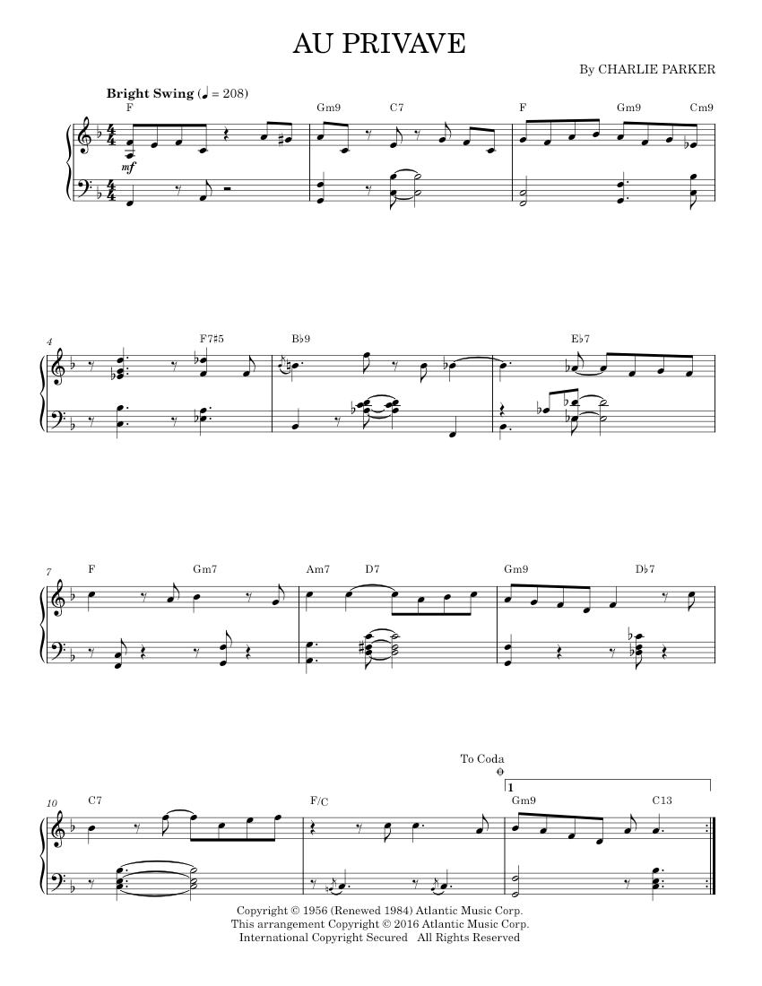Play Official version of Au privave sheet music by Charlie Parker for Piano | MuseScore.com
