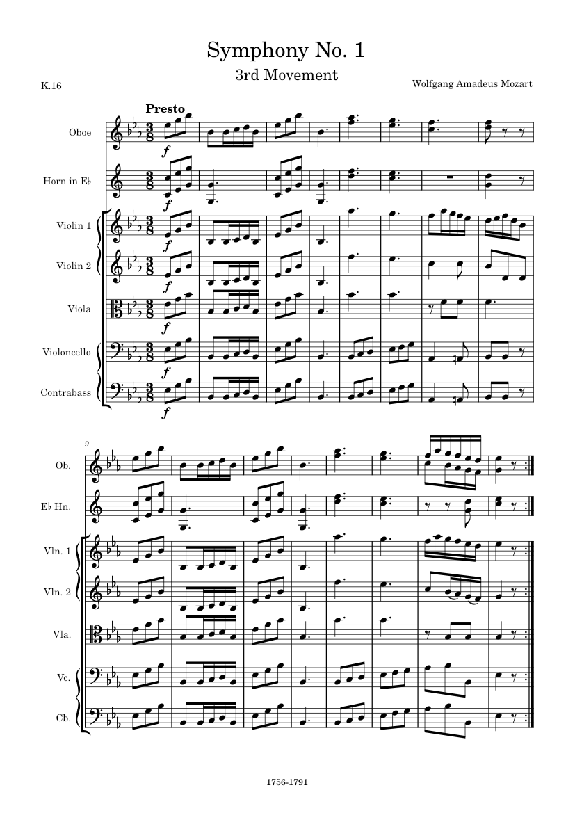 Symphony No. 1 in E-flat Major, K.16, 3rd Movement (Presto) – Wolfgang Amadeus Mozart Sheet ...