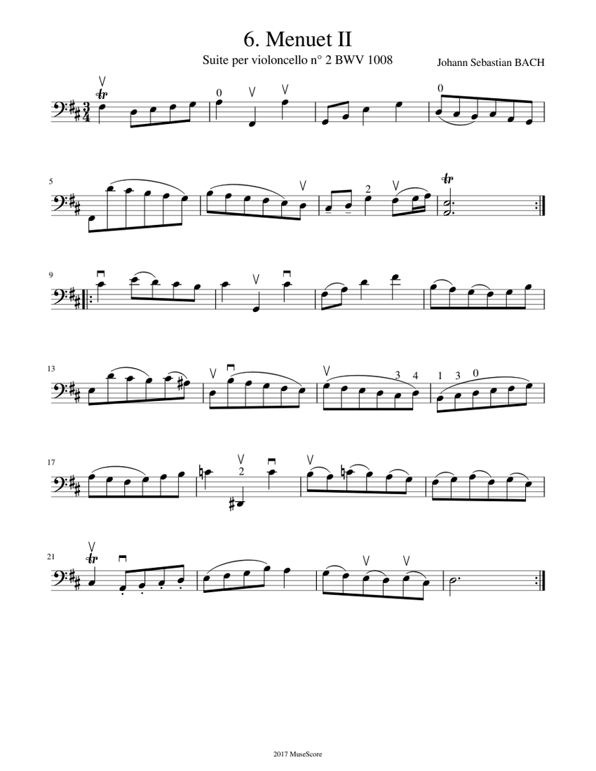 J. S. Bach - Cello Suite n° 2 BWV 1008 - 6. Menuet 2 Sheet music for Cello (Solo) | Musescore.com
