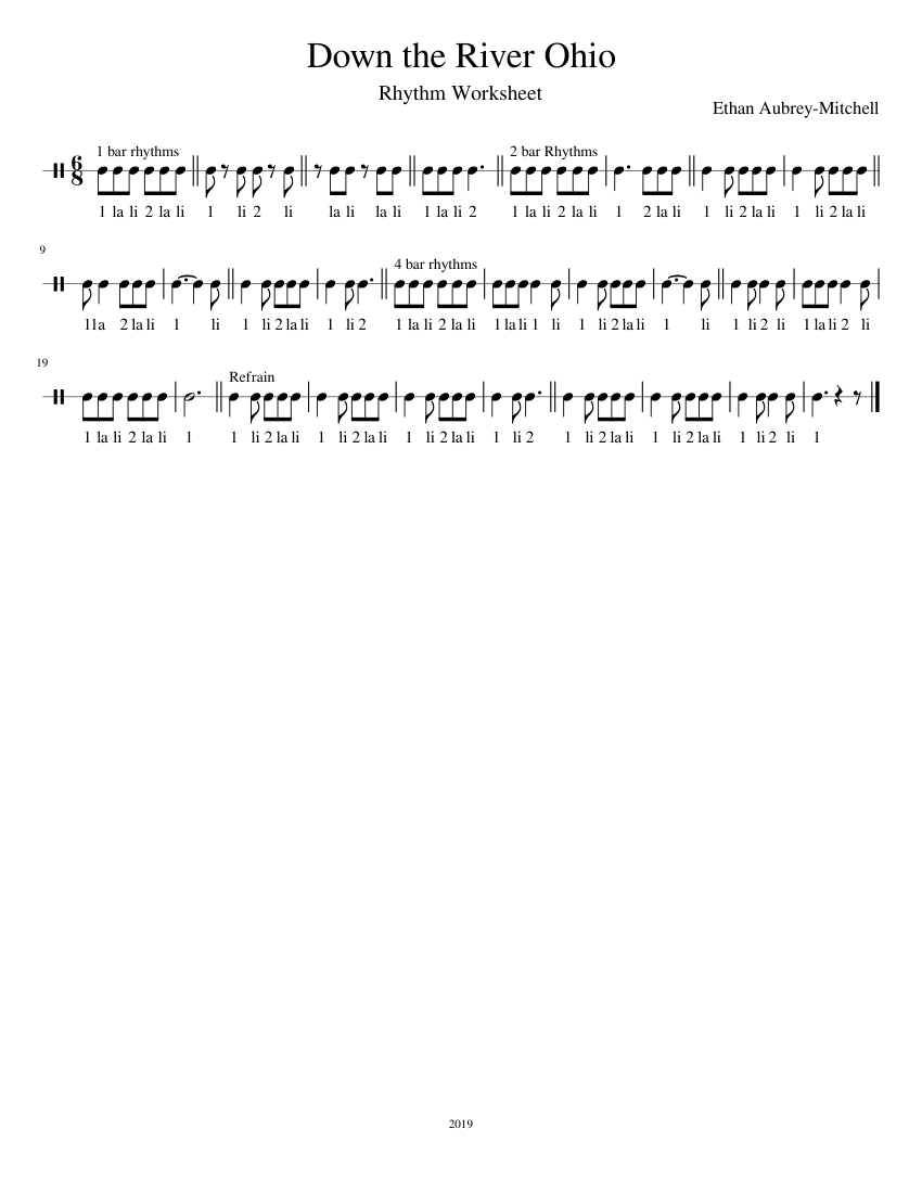 Down_the_River_Ohio Rhythm Worksheet Sheet music for Snare drum (Solo ...