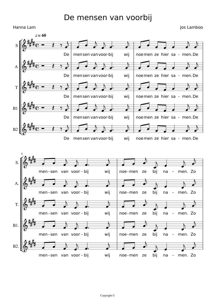 0123 De mensen van voorbij Sheet music for Soprano, Alto, Tenor, Bass ...