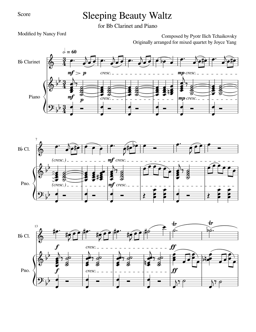 Sleeping Beauty Waltz – Pyotr Ilyich Tchaikovsky (Bb Clarinet and Piano ...