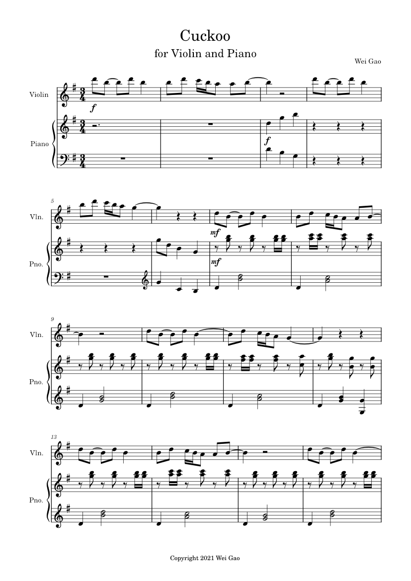 Cuckoo (Violin) Sheet music for Piano, Violin (Solo) | Musescore.com