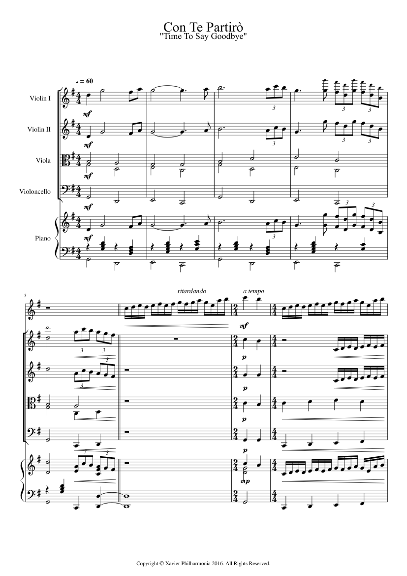 Con Te Partiro Cordas Sheet music for Piano, Flute, Snare drum, Violin ...