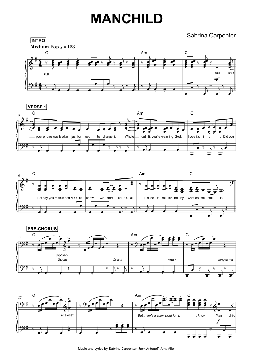 Play Official version of Manchild Sheet Music by Sabrina Carpenter for ...