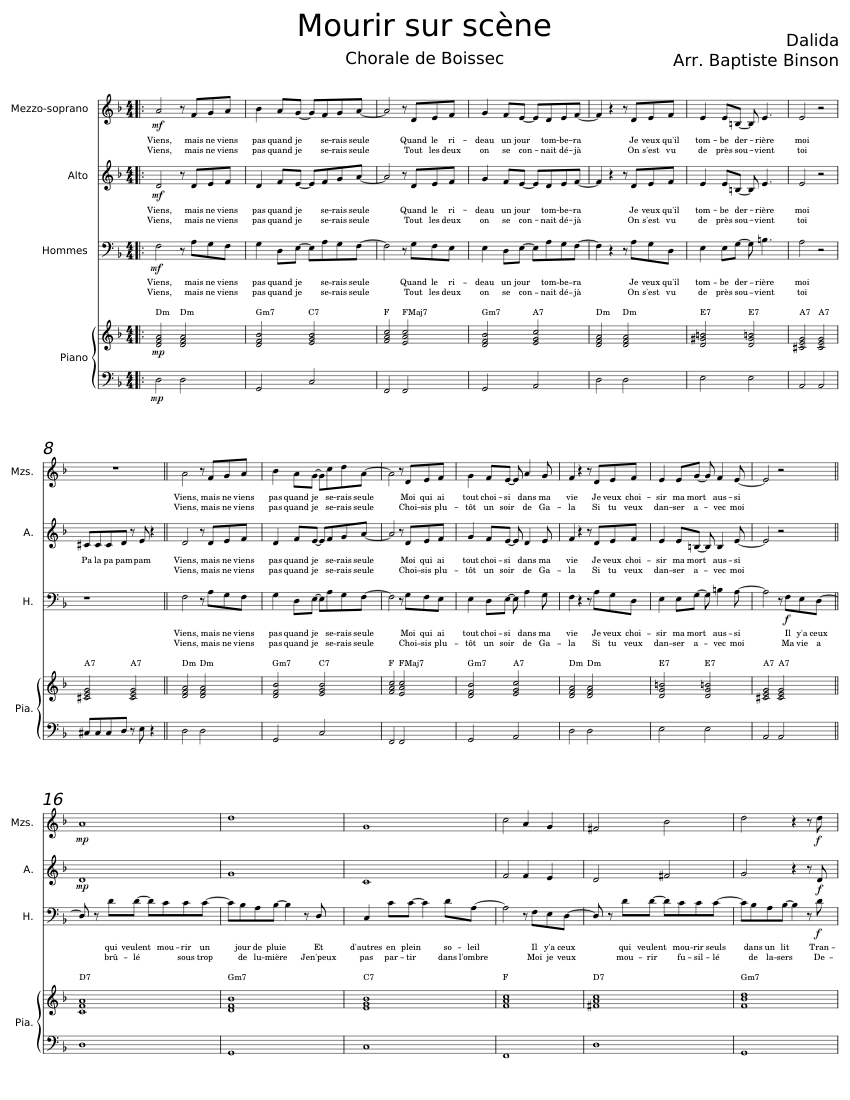 Mourir sur scène - Dalida Sheet Music with Chords for Piano, Alto, Male ...
