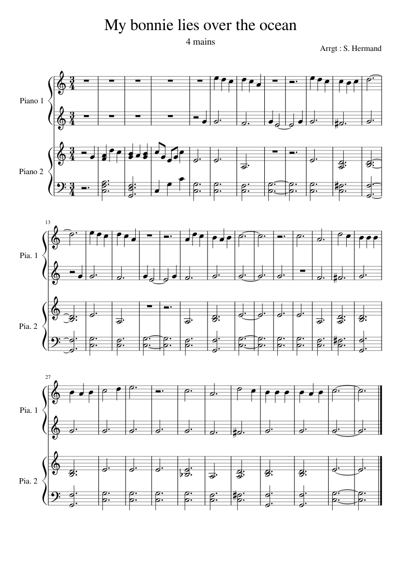 My bonnie lies over the ocean Sheet music for Piano (Piano Four Hand ...