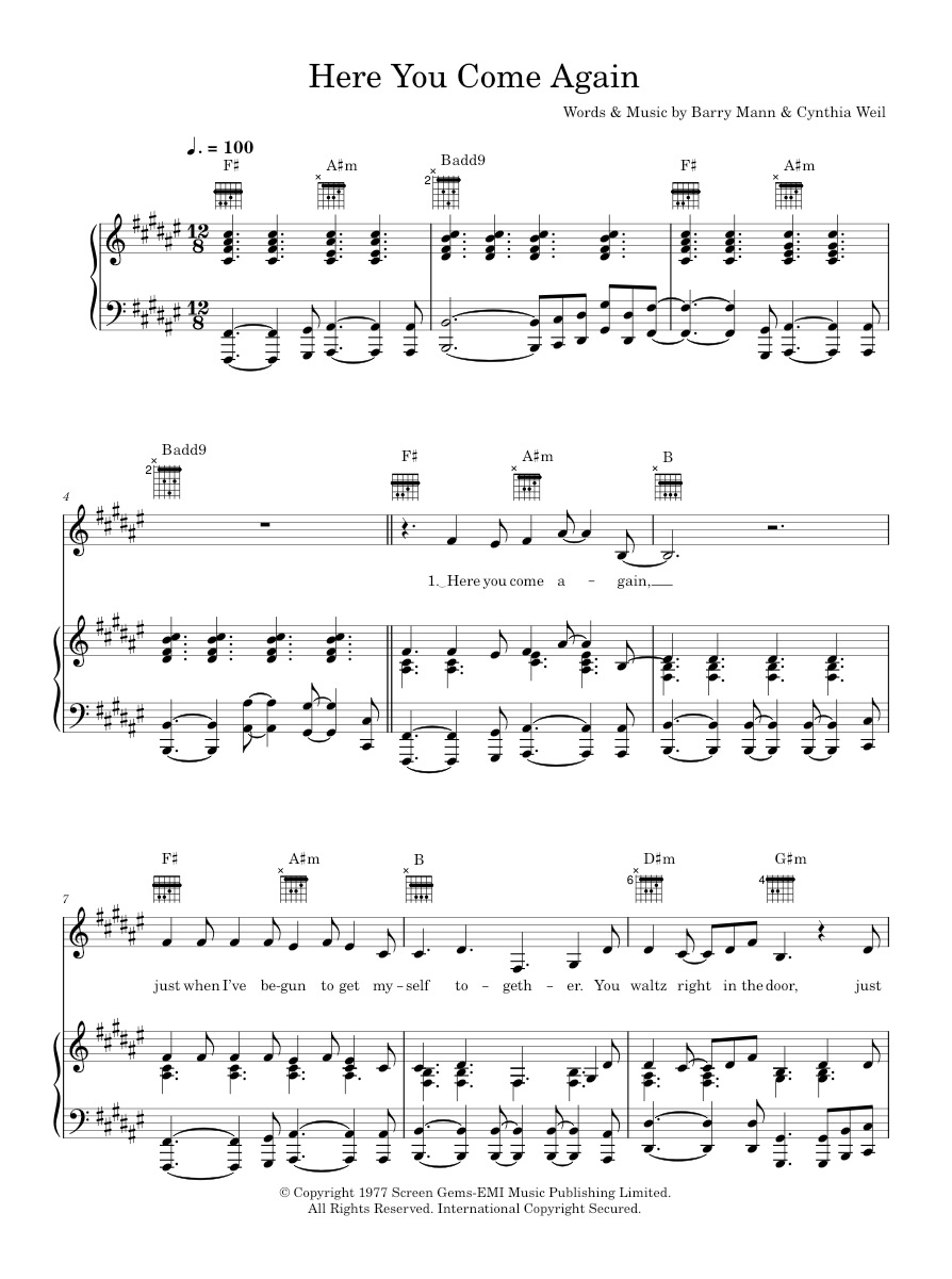 Play Official version of Here you come again Sheet Music by Dolly ...