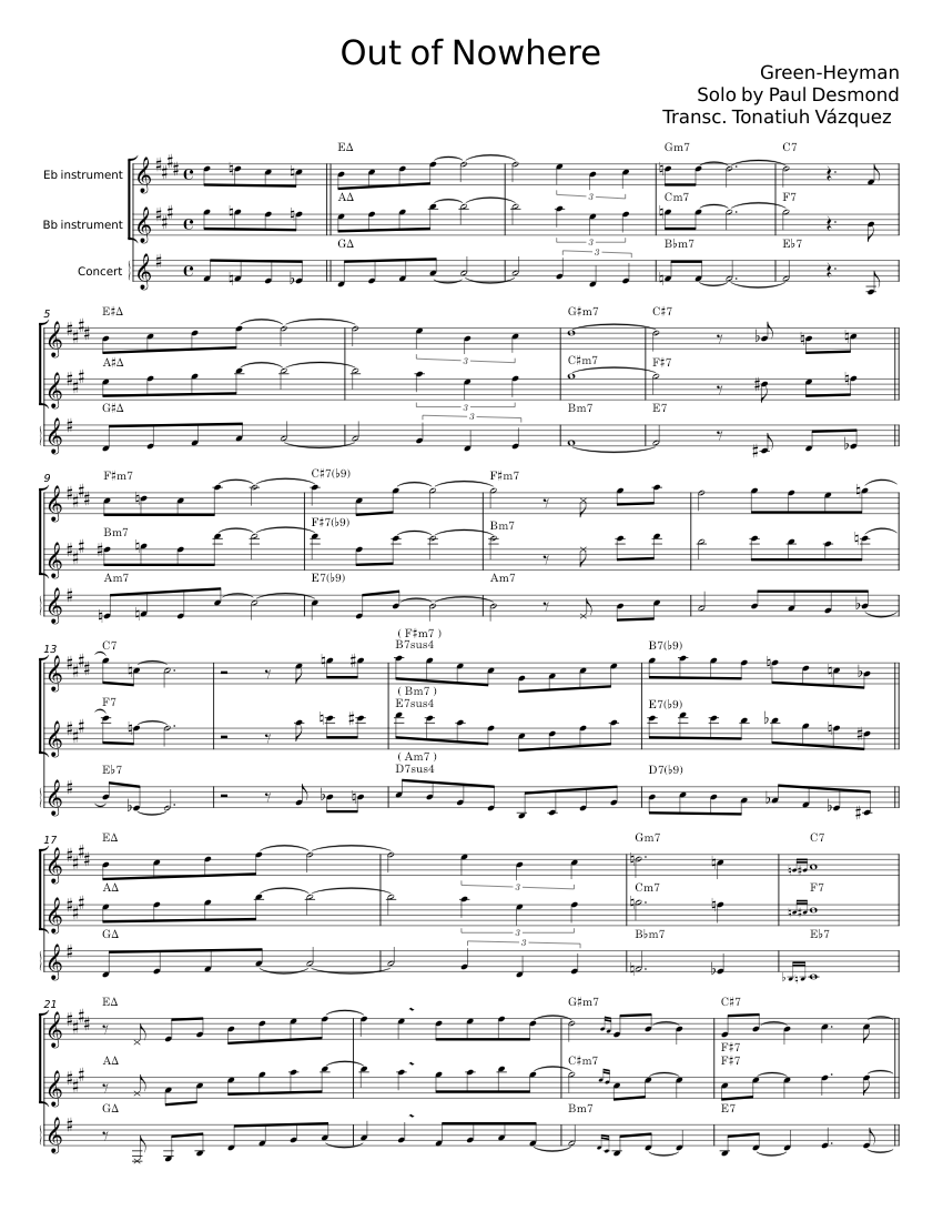 Out of Nowhere – Paul Desmond Sheet Music with Chords for Piano ...