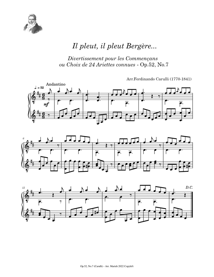 Il pleut, il pleut Bergère... Op.52, No.7 – Ferdinando Carulli (1770 ...