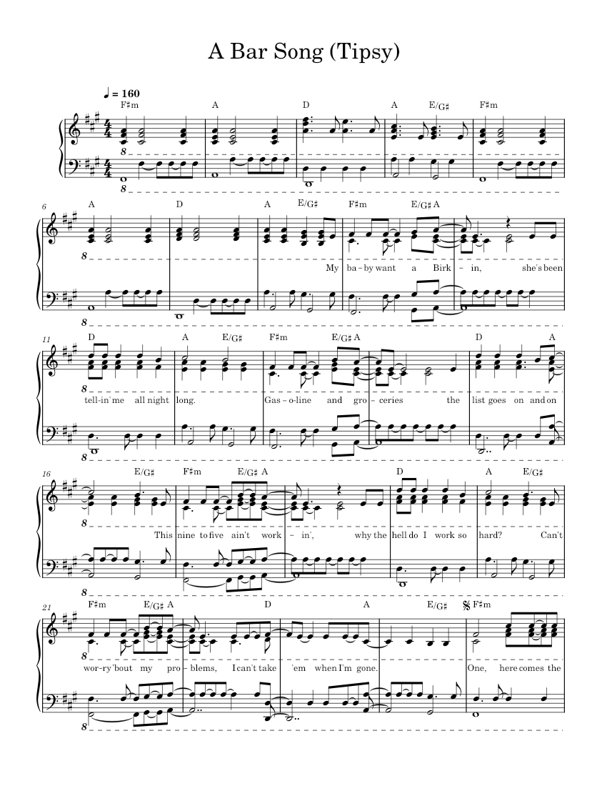 A Bar Song (Tipsy) - Shaboozey Sheet Music with Chords for Piano (Solo ...