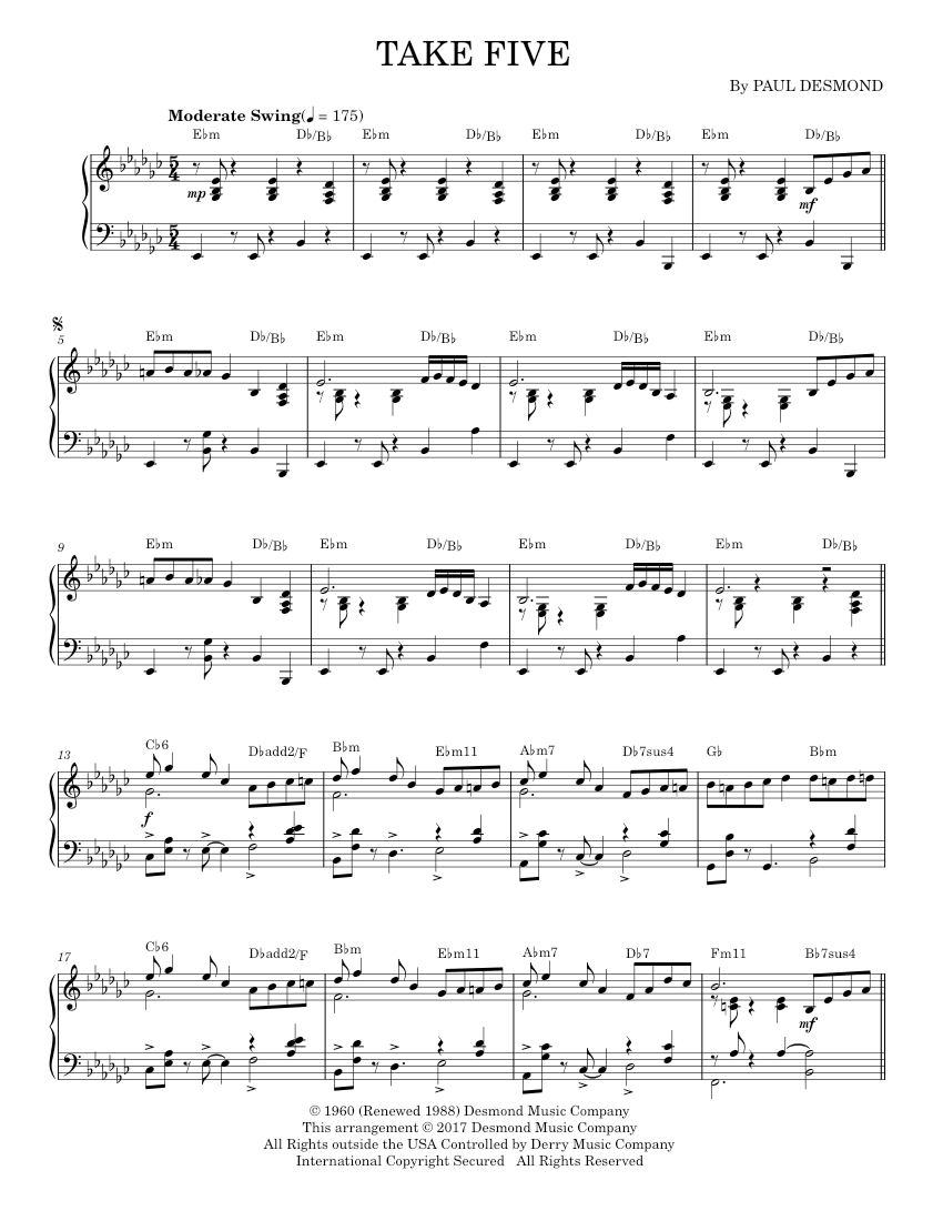 Take Five Sheet music for Piano by The Dave Brubeck Quartet Official ...