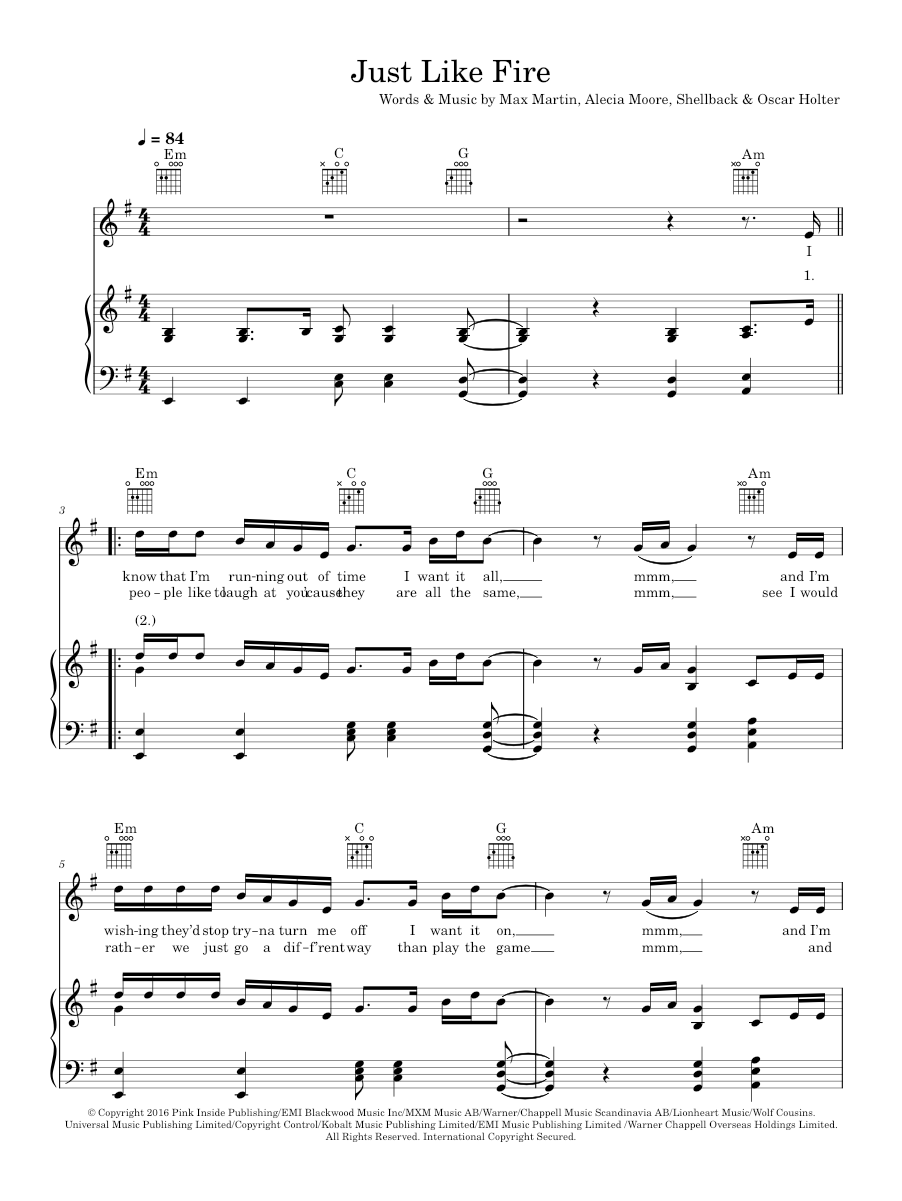 just like fire Sheet music for Piano, Vocals by P!nk Official ...