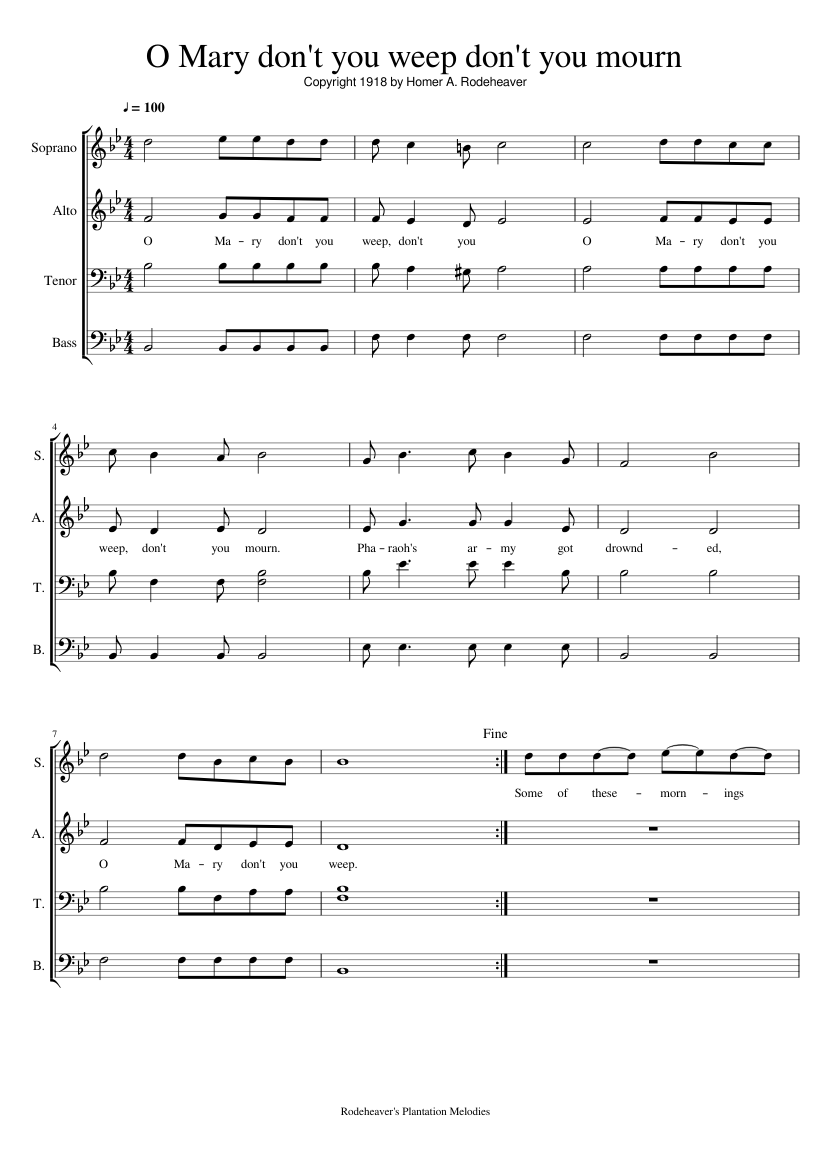 O Mary don't you weep don't you mourn Sheet music for Soprano, Alto ...