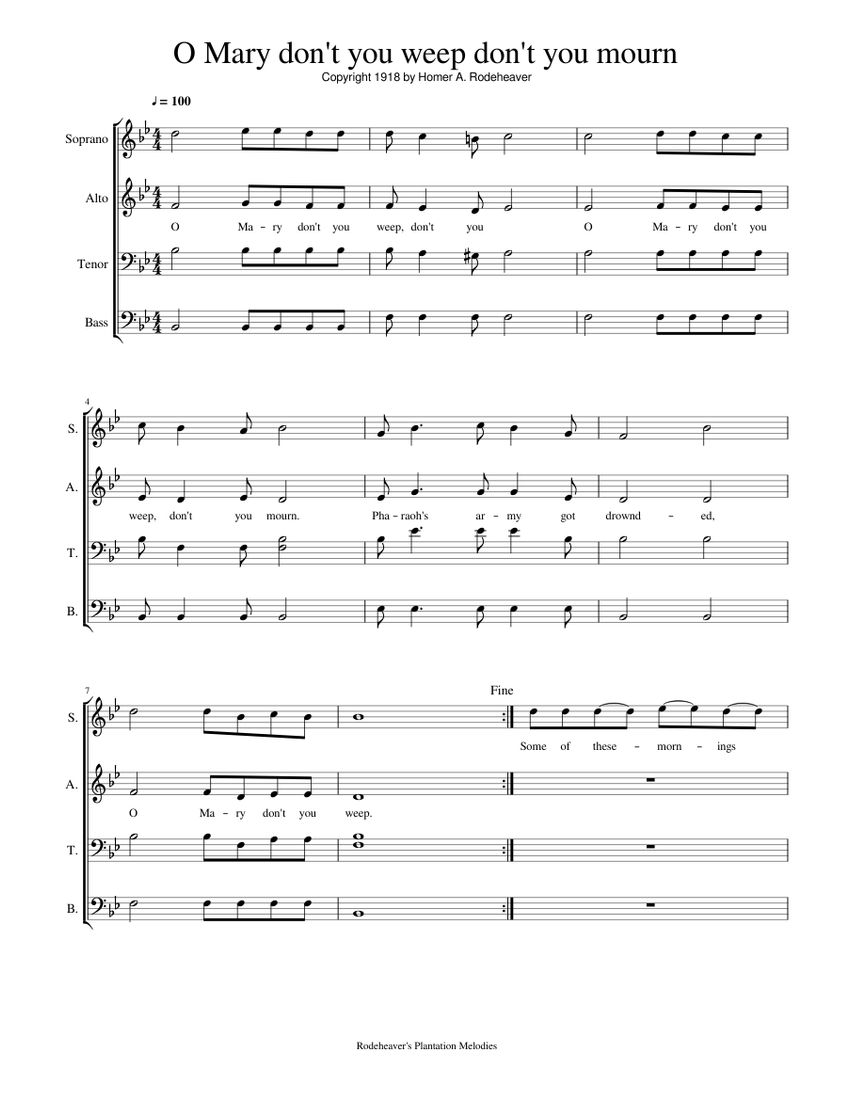 O Mary don't you weep don't you mourn Sheet music for Soprano, Alto ...