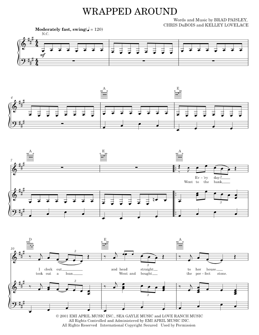 Play Official version of Wrapped around sheet music by Brad Paisley for ...
