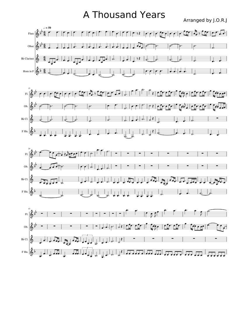 A Thousand Years Sheet music for Flute, Oboe, Clarinet in b-flat ...