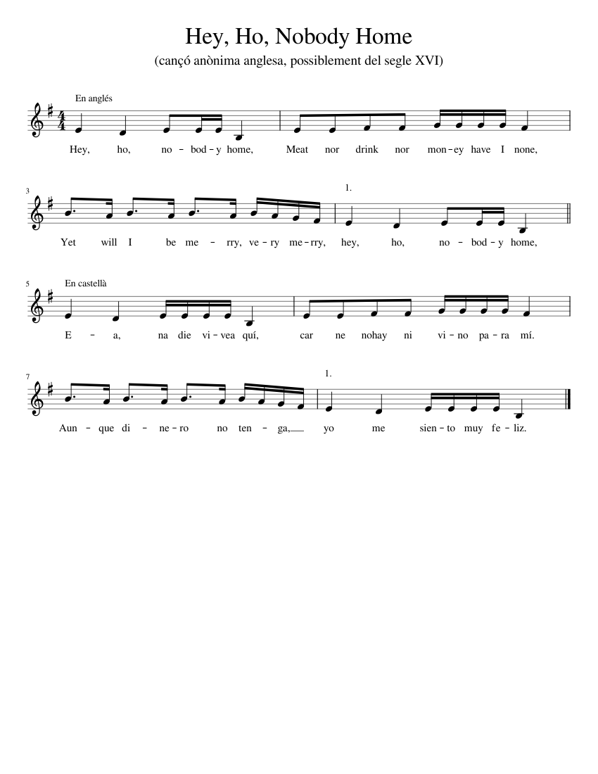 Hey, Ho, Nobody Home – Anonymous Sheet music for Vocals (Solo ...