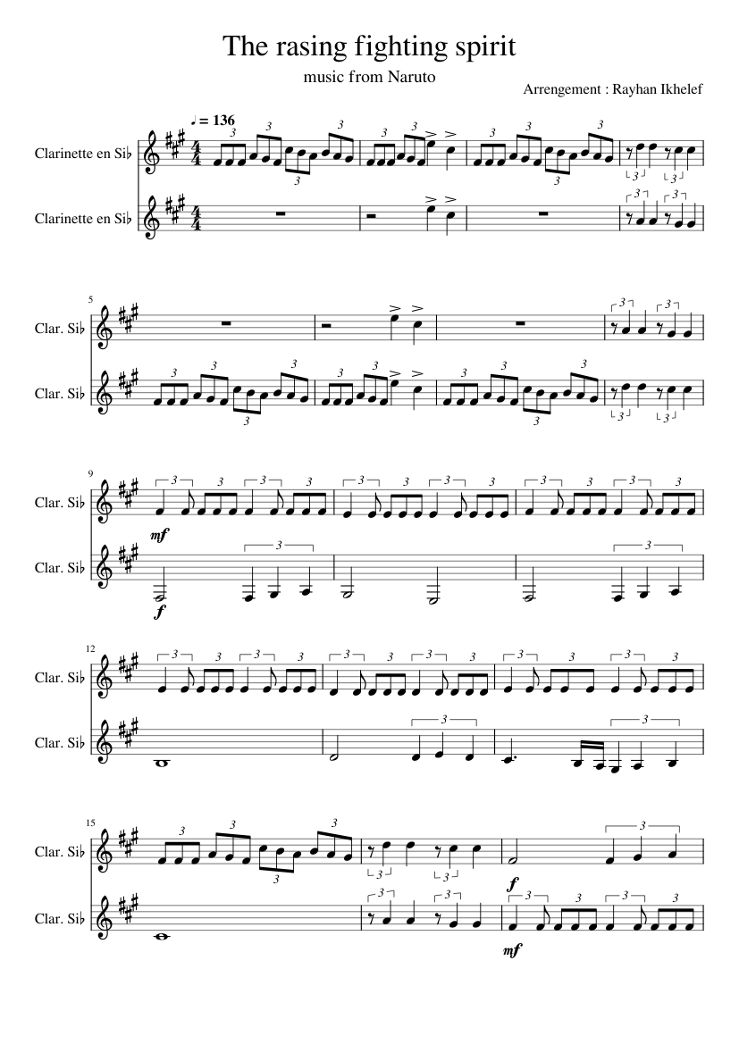 Naruto / The rasing fighting spirit : for duet clarinet Sheet music for ...