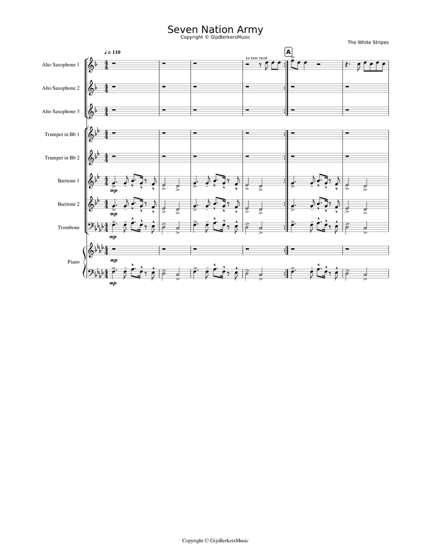 Seven Nation Army Sheet music for Piano, Trombone tenor, Saxophone alto ...