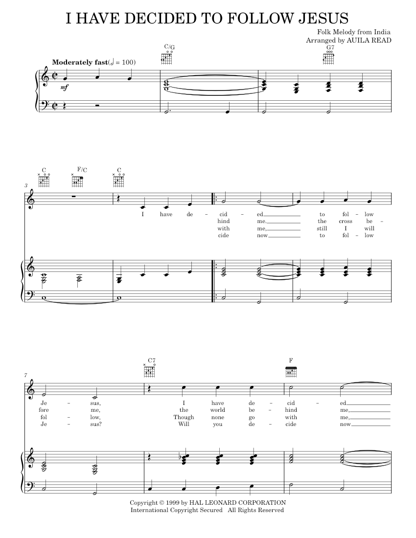 I Have Decided To Follow Jesus Sheet music for Piano, Vocals by Auila ...