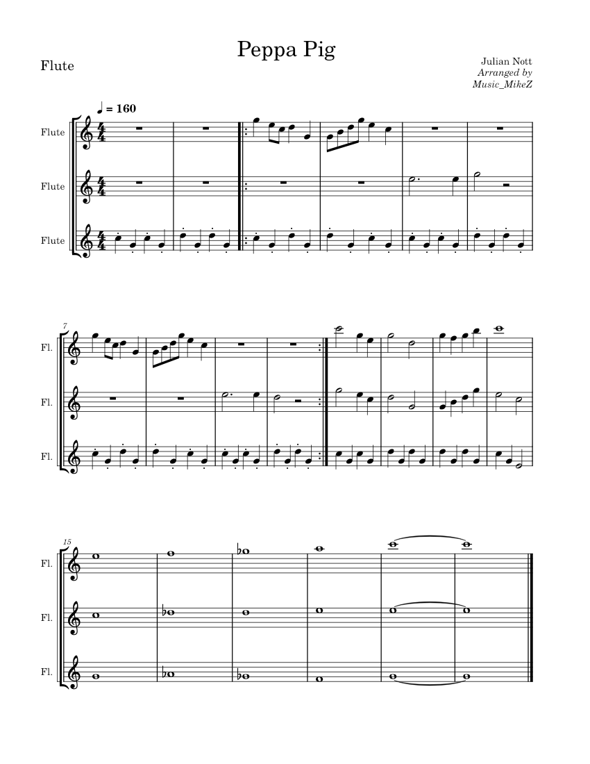 Peppa the Pig theme – Julian Nott - Flute Ensemble Sheet music for Flute (Woodwind Trio ...