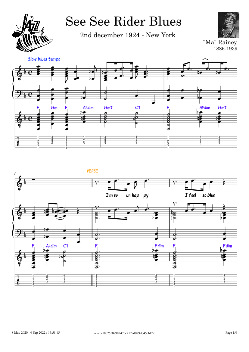 See See Rider Blues – Ma Rainey Sheet Music and Tab with Chords for ...