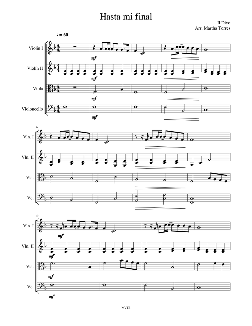 Hasta mi final Sheet music for Violin, Viola, Cello (String Quartet ...