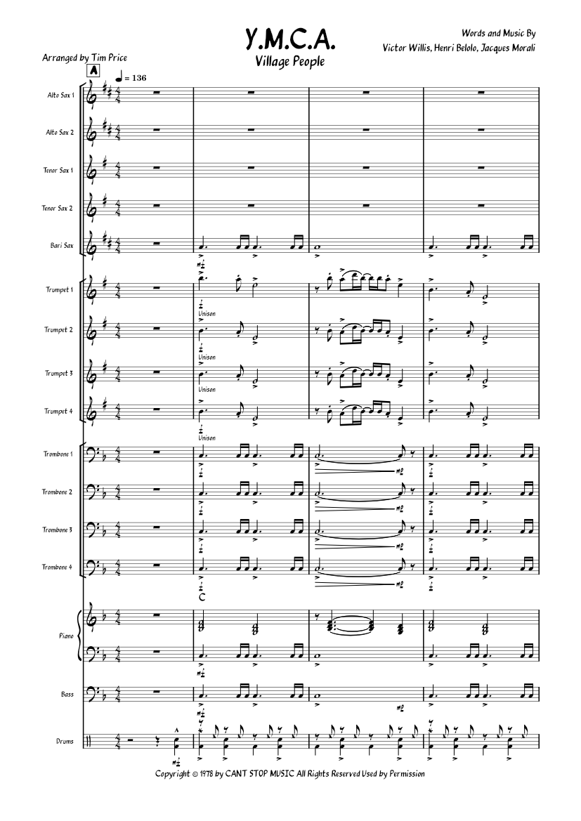 YMCA – Village People Sheet Music for Piano, Trombone, Saxophone alto ...