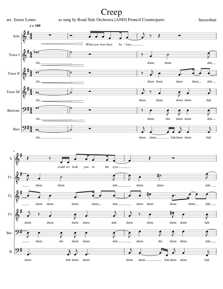 Creep Sheet music for Tenor, Bass voice, Baritone (A Capella ...