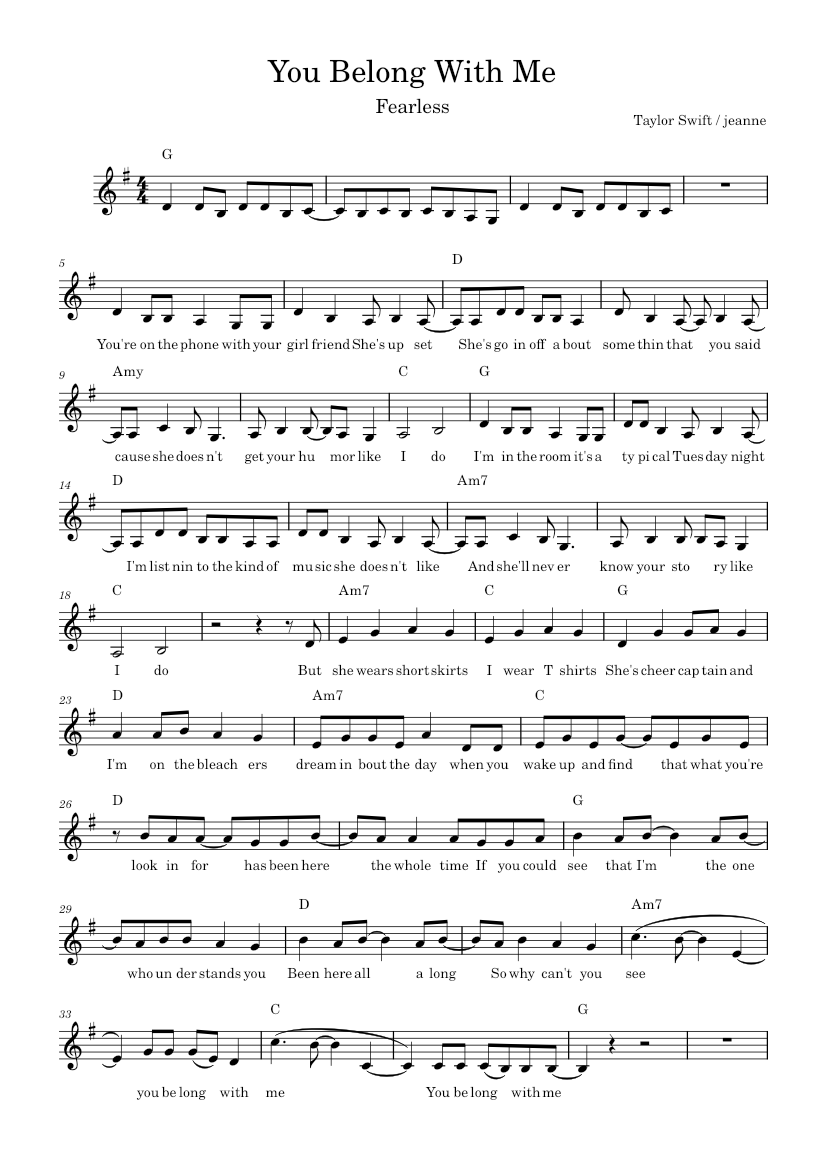 You Belong With Me - Taylor Swift (Full Chord) Sheet Music for Piano ...