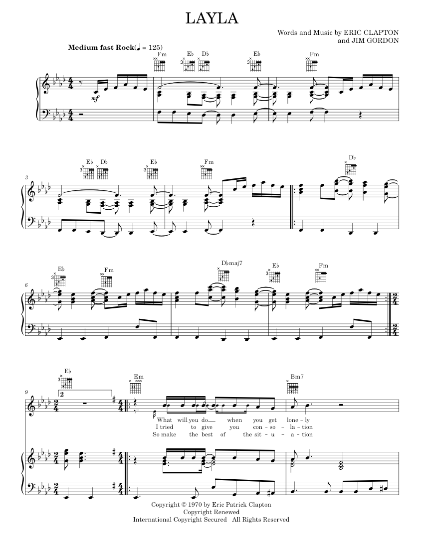 Play Official version of Layla Sheet Music by Eric Clapton for Piano ...