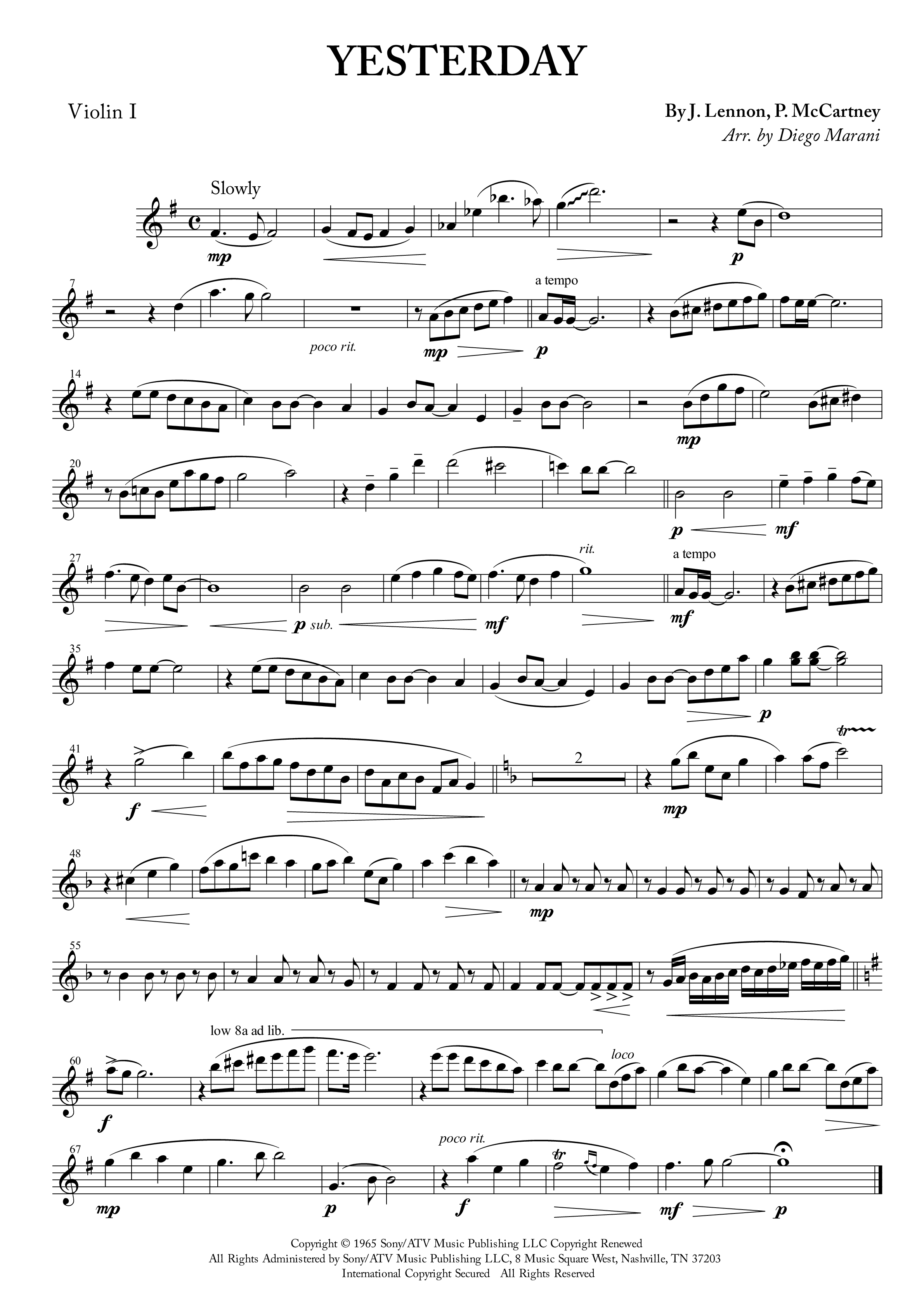 Play Official version of Yesterday Sheet Music by The Beatles for Violin, Viola, Cello ...