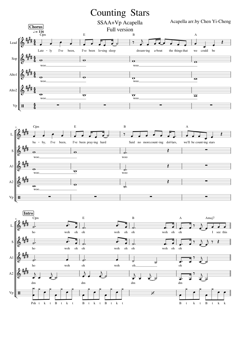 Counting Stars SSAA Acapella (Full version) Sheet Music with Chords for ...