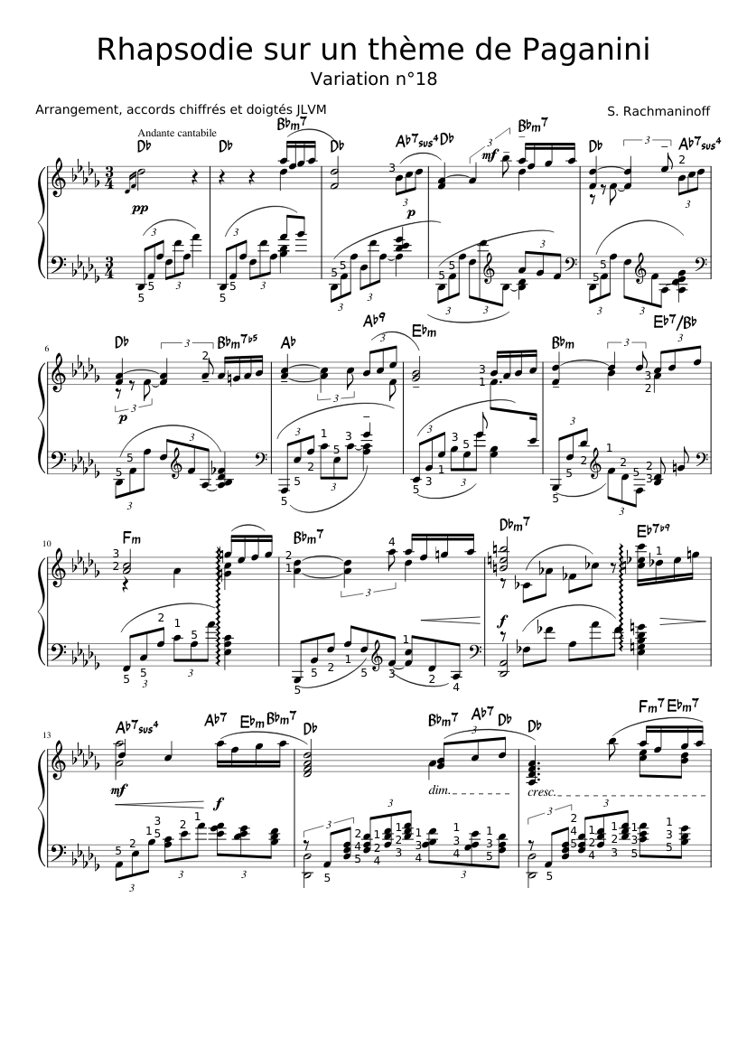 Rachmaninoff Rhapsody on a Theme of Paganini, Op.43 variation 18 avec accords chiffrés et ...
