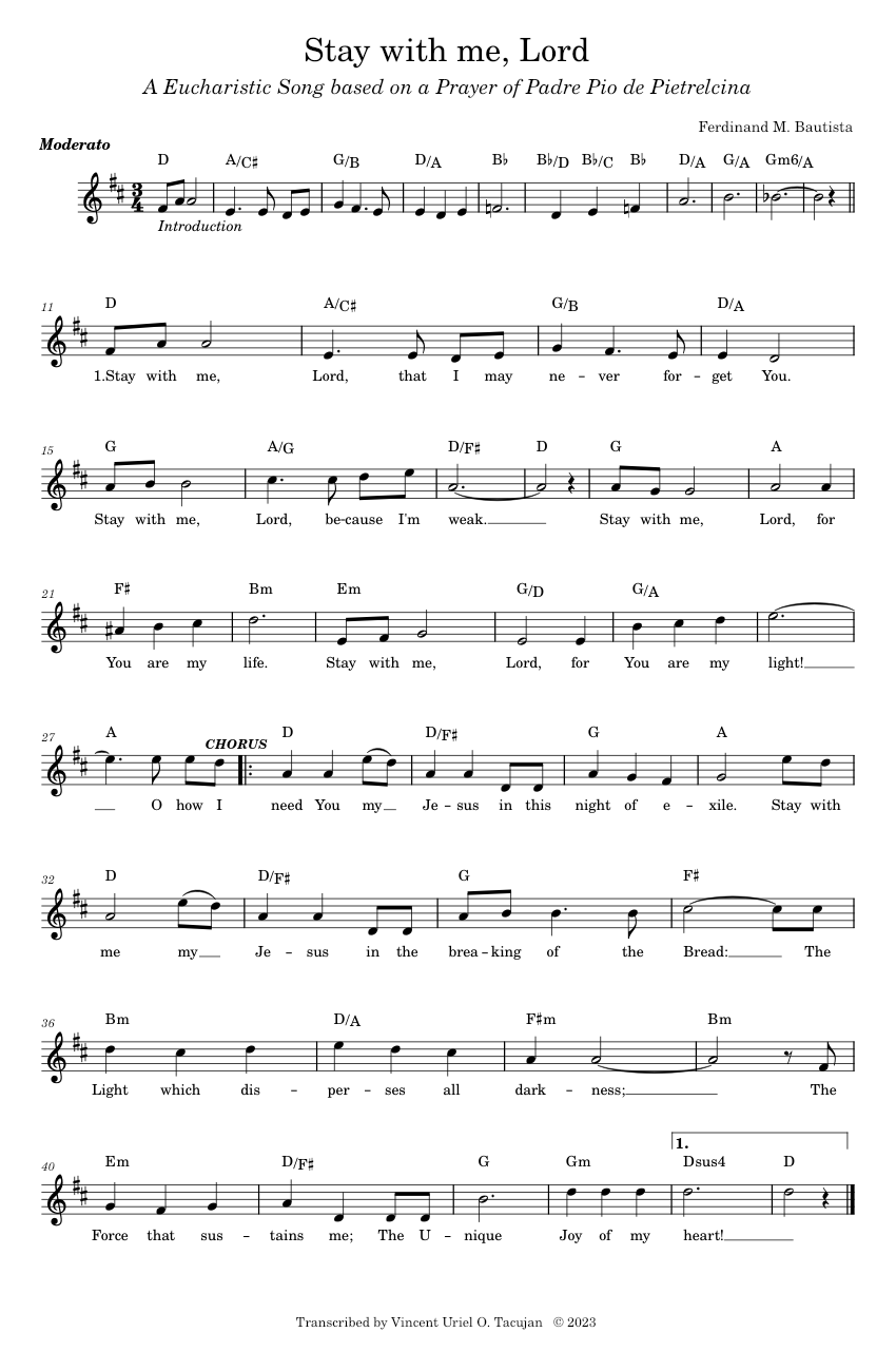 Stay With Me, Lord – Ferdinand M. Bautista Sheet Music with Chords for ...