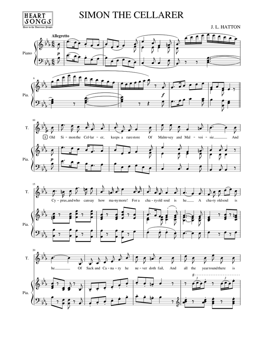 SIMON THE CELLARER Sheet music for Piano, Tenor (Piano-Voice ...