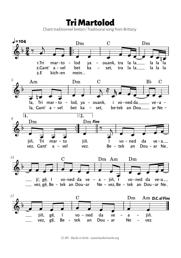Tri Martolod Sheet Music with Chords for Piano (Choral) Easy | MuseScore.com