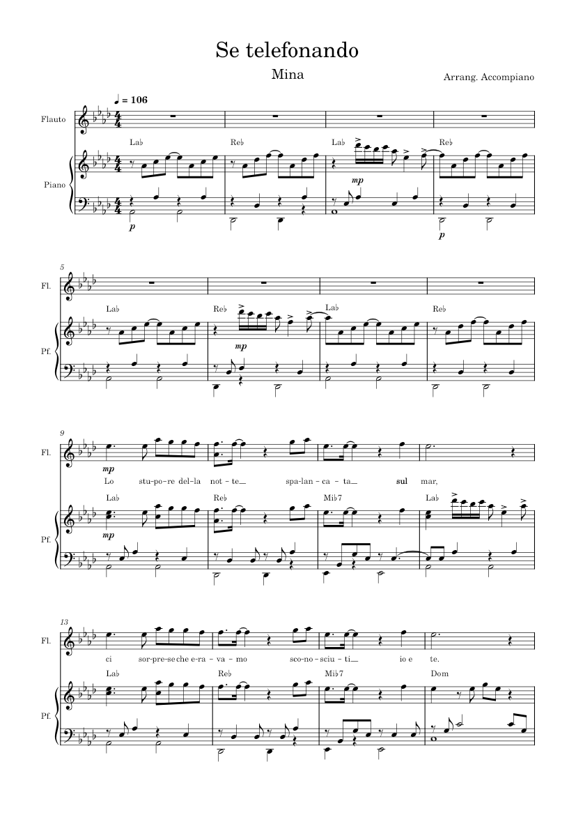 Se telefonando Sheet Music with Chords for Piano, Flute (Piano-Voice ...