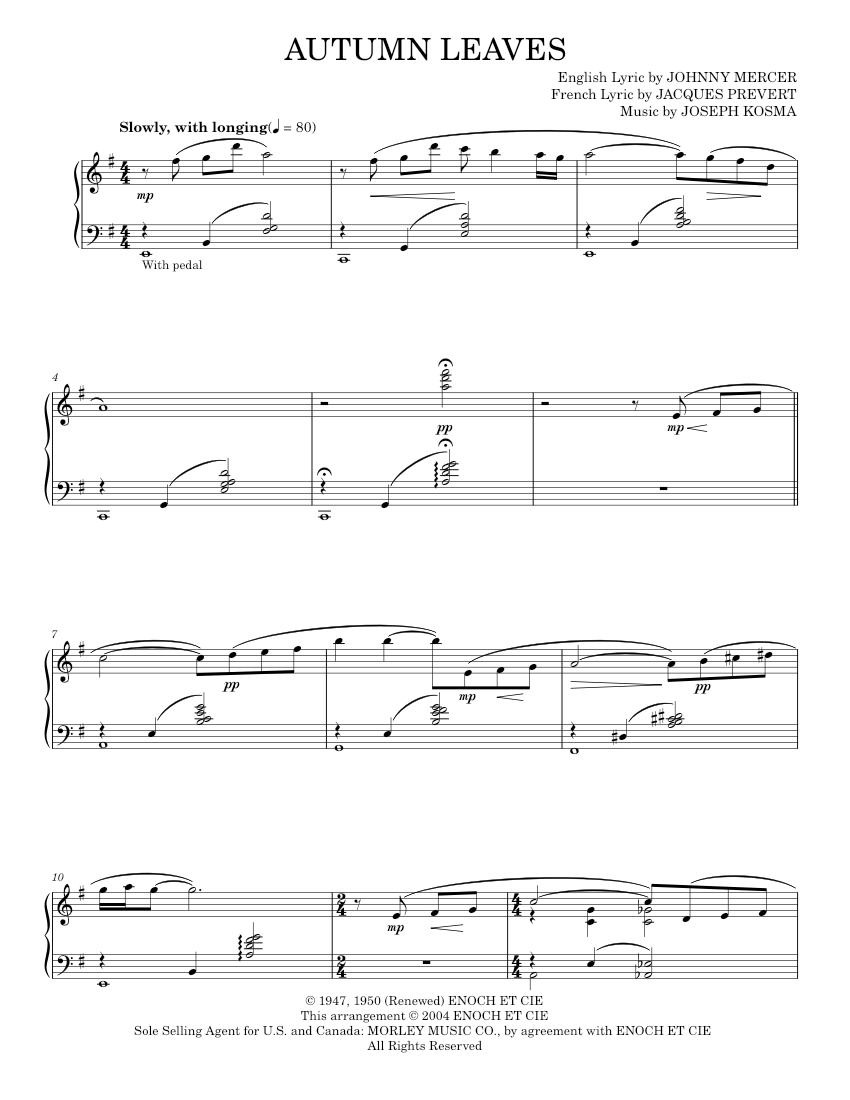 Autumn Leaves Sheet music for Piano by Ahmad Jamal: Music Notes by ...