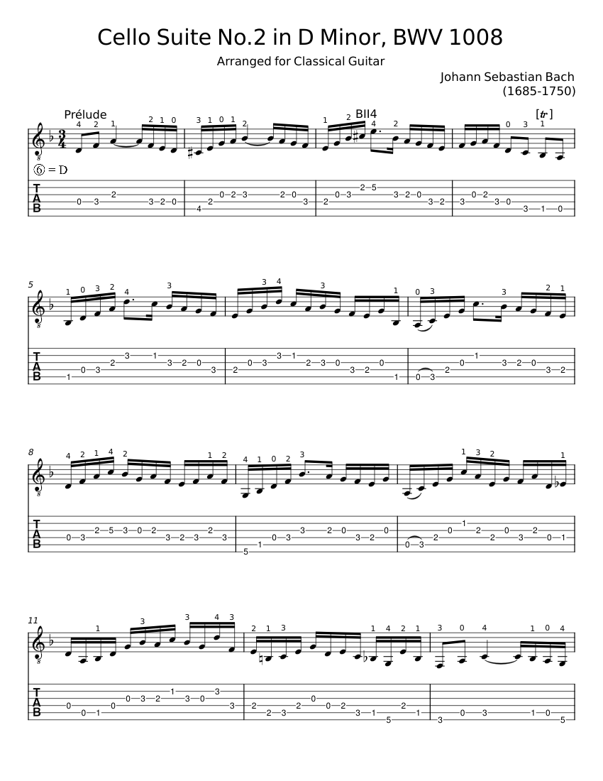 Cello Suite No. 2 in D minor, BWV 1008 - Johann Sebastian Bach Sheet ...