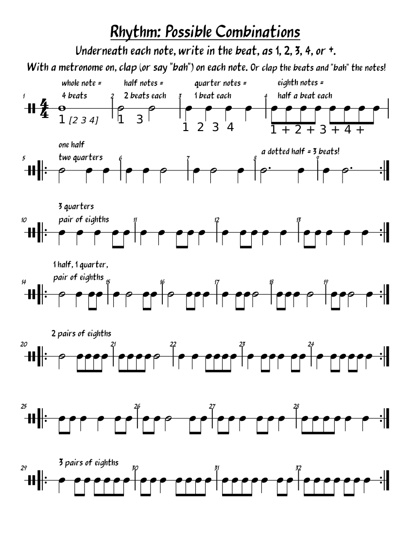 Rhythm Exercises: Possible Combinations of Half, Quarter & Eighth Notes ...