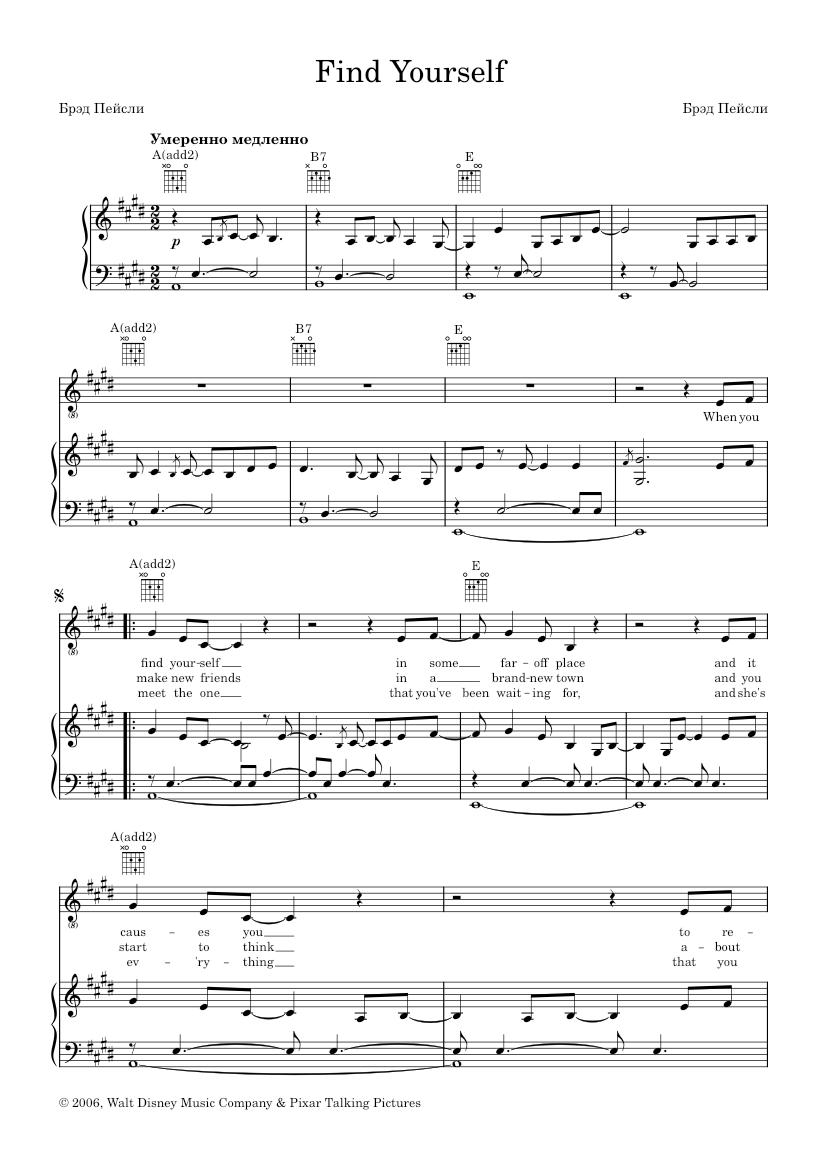Find Yourself (Cars) Sheet music for Piano, Synthesizer (Piano-Voice ...